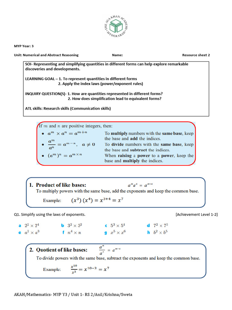 MYP Year: 3 Unit: Numerical and Abstract Reasoning Name: Resource Sheet ...