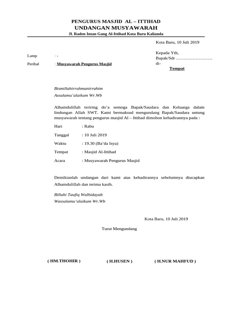 Undangan Musyawarah Pengurus Masjid | PDF