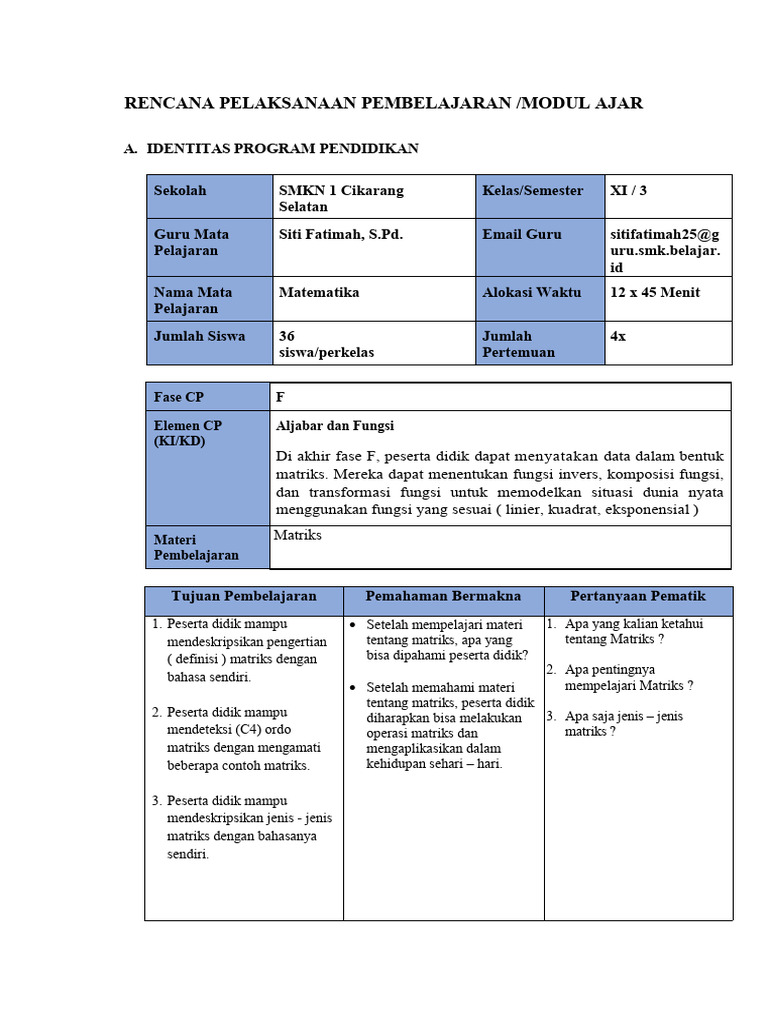 MODUL AJAR - MATRIKS | PDF