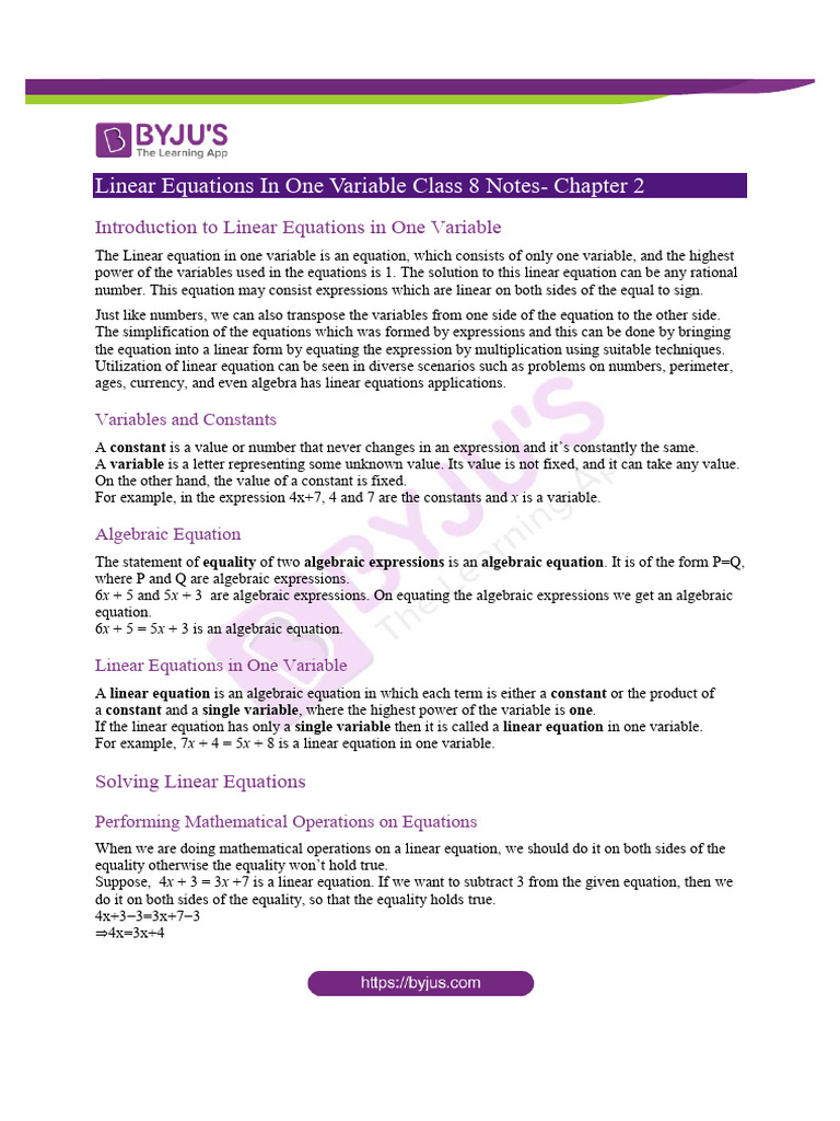 CBSE Class 8 Linear Equations in One Variable Notes | PDF | Equations ...