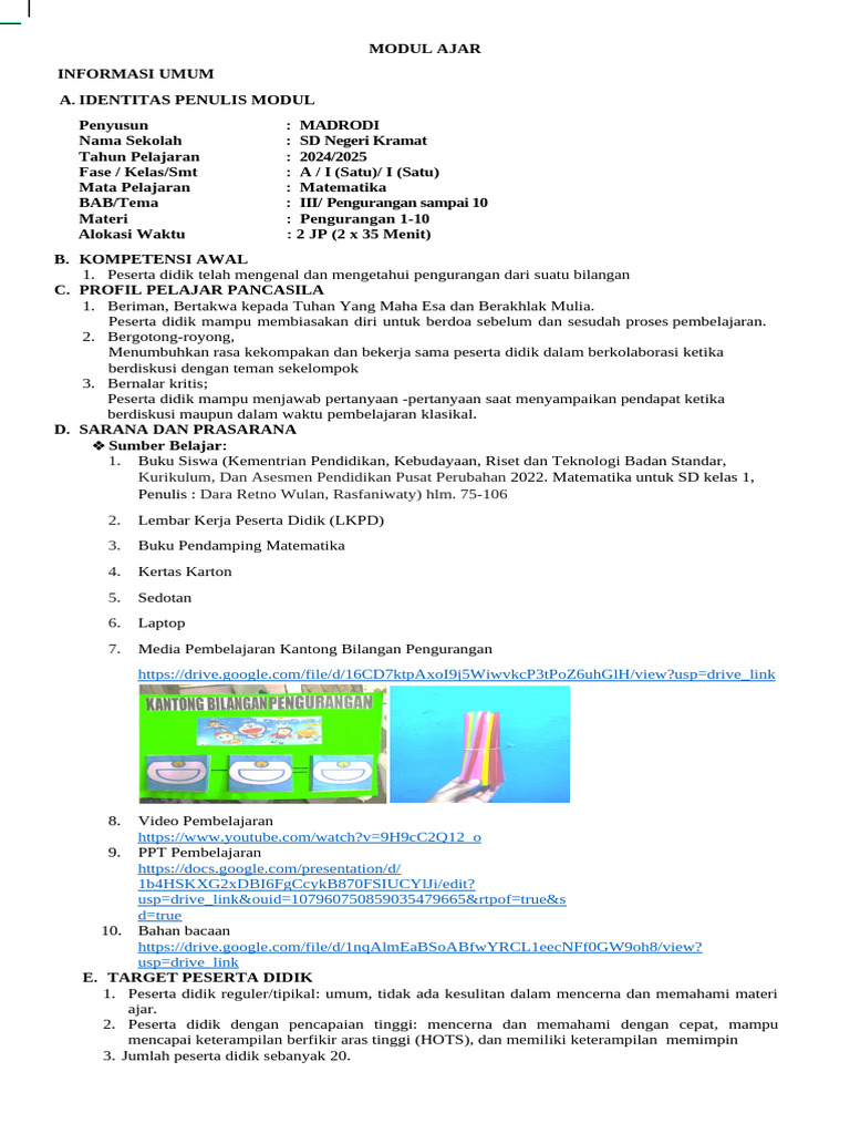 Modul Ajar Matematika: Pengurangan 1-10 | PDF