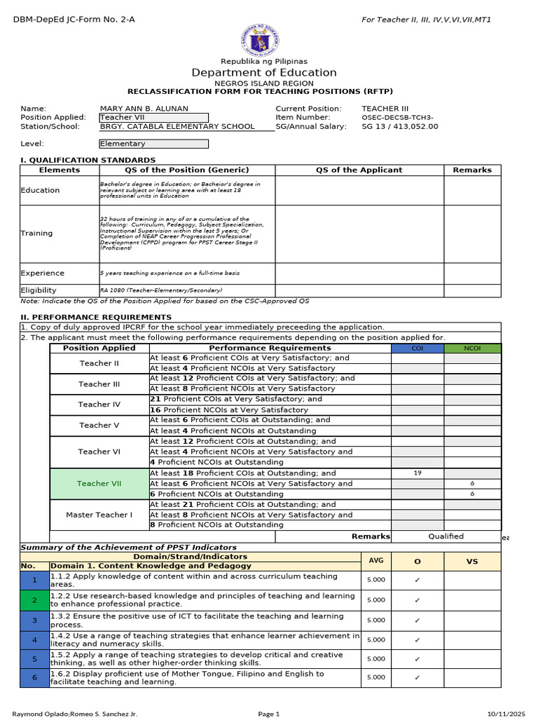 Modified Teacher Reclassification Form T2 T7 MT1!9!30 25 | PDF | Educational Assessment | Learning