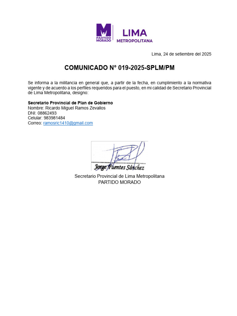 COMUNICADO #019-2025-SPLM-PM (Provincial Plan de Gobierno) | PDF