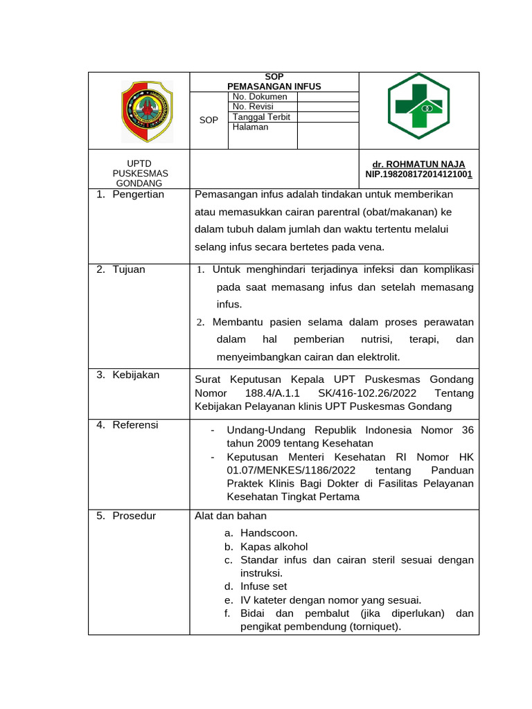 SOP Pemasangan Infus di Puskesmas | PDF