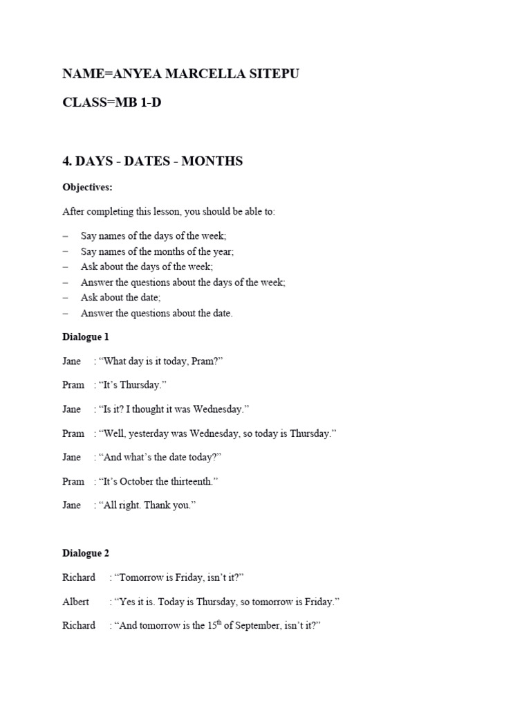 Days, Dates, and Time Learning Guide | PDF