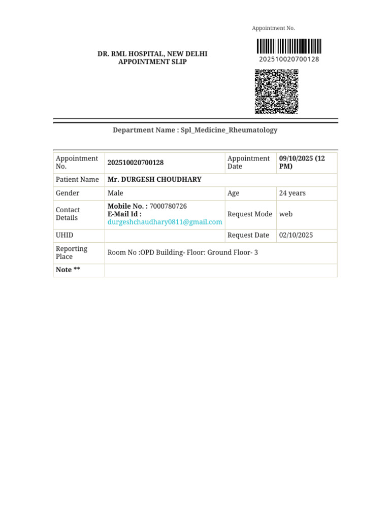 Dr. RML Hospital Appointment Slip | PDF