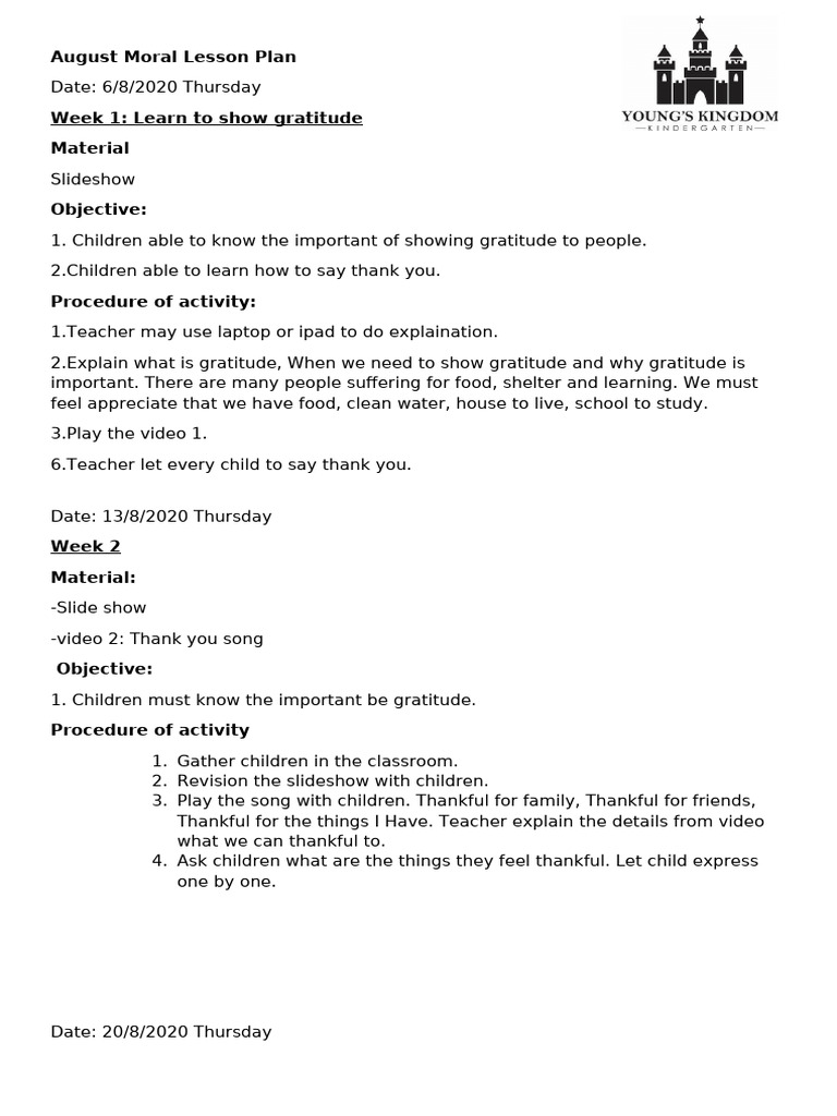 August Gratitude Lesson Plan for Kids | PDF | Gratitude | Teaching