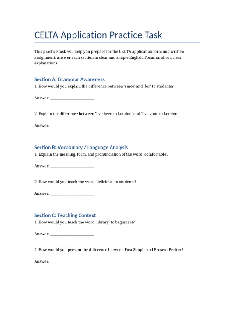 CELTA Application Practice Task | PDF
