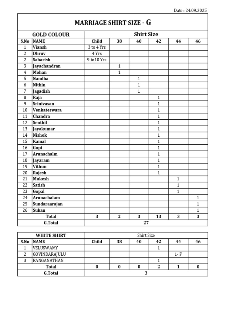 Marriage Shirts Size Details-2 | PDF | Cinema Of India