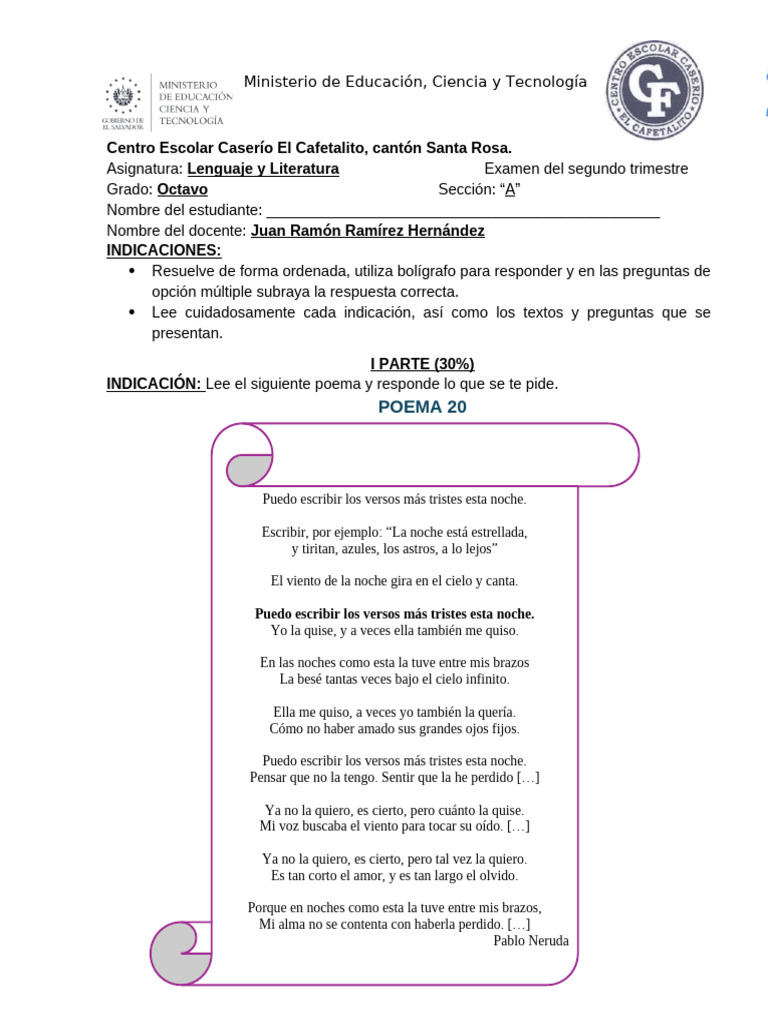 Examen Del Segundo Trimestre 2025 | PDF | Poesía | Amor