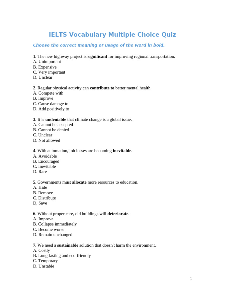IELTS Vocabulary Quiz: Multiple Choice | PDF | Climate Change | Layoff