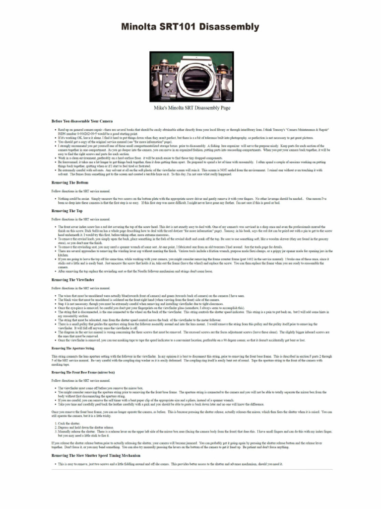 Minolta SRT101 Disassembly | PDF | Digital Photography | Equipment