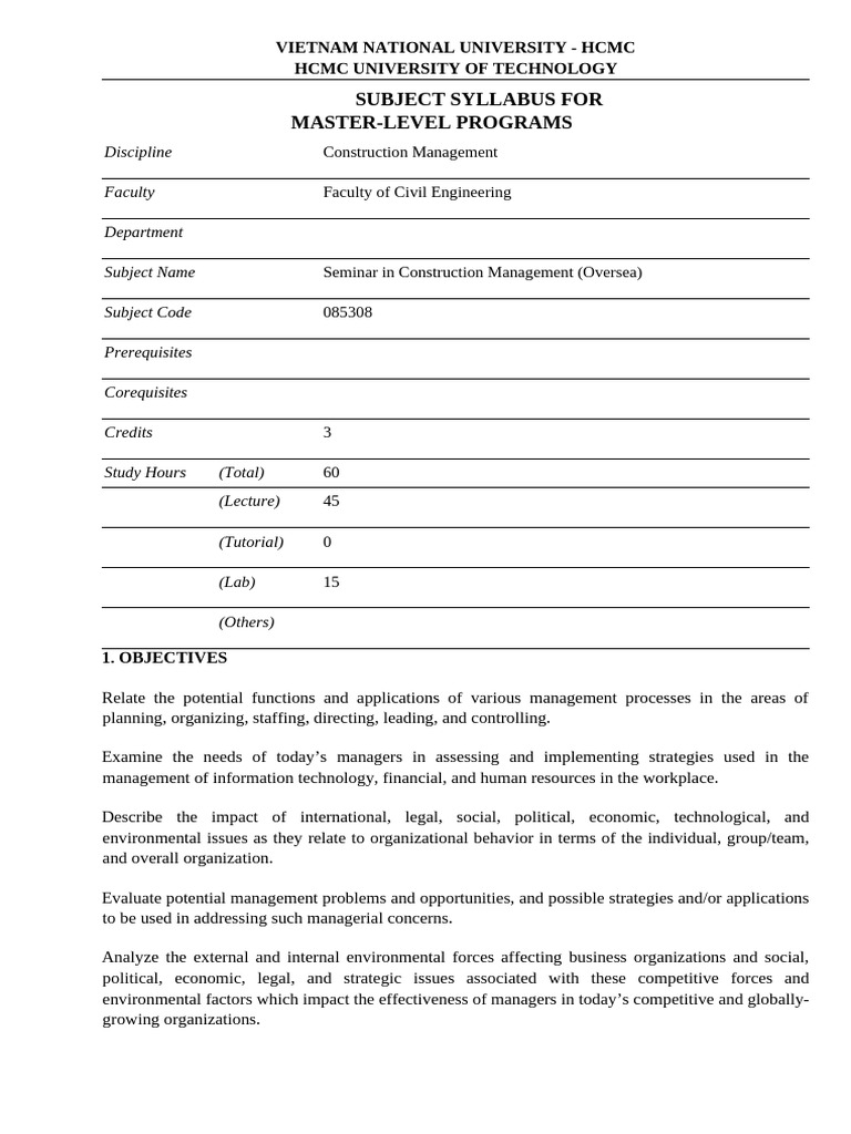 Seminar in Construction Management Syllabus | PDF | Project Management ...