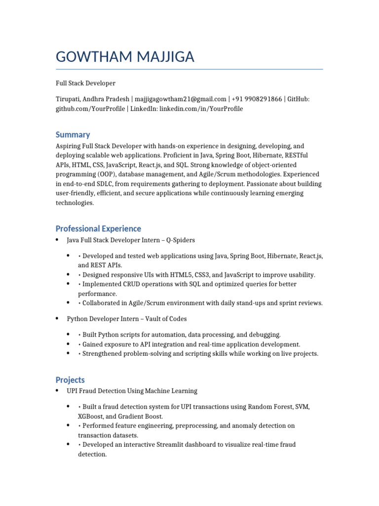 ATS Optimized FullStack Resume | PDF | Web Application | Java Script