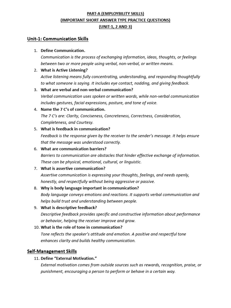 PART A - Short Anser Type Questions (UNit 1 To 3) | PDF | Communication ...