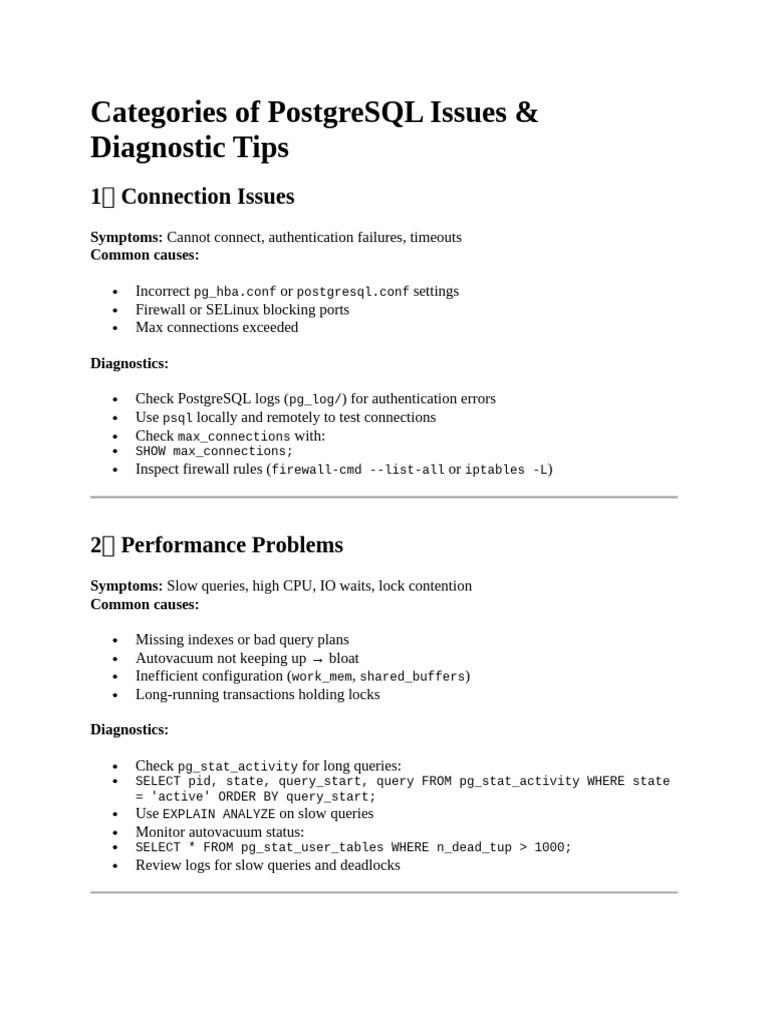 PostgreSQL Issue Categories & Fixes | PDF | Postgre Sql | Replication ...