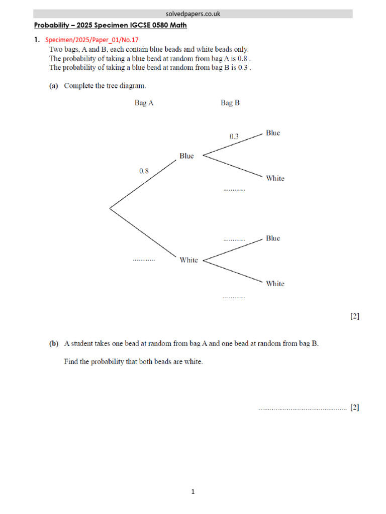 2025 Probability IGCSE 0580 Math Specimen | PDF