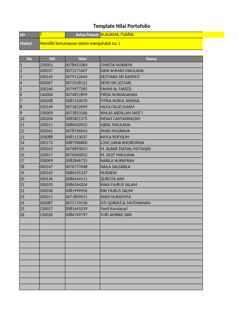 Template Nilai Portofolio XI - Agama. Tahfidz | PDF