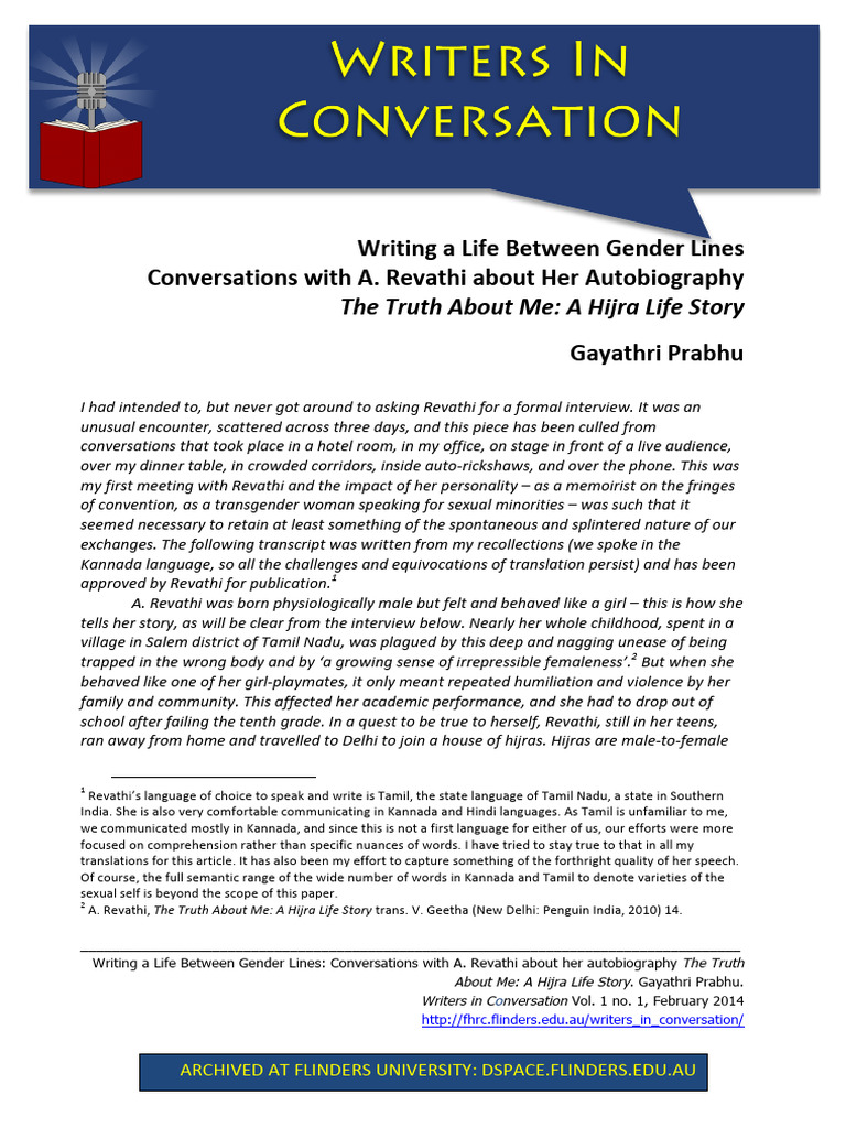 Writing a Life Between Gender Lines Conversations With a Revathi About Her Autobiography the ...