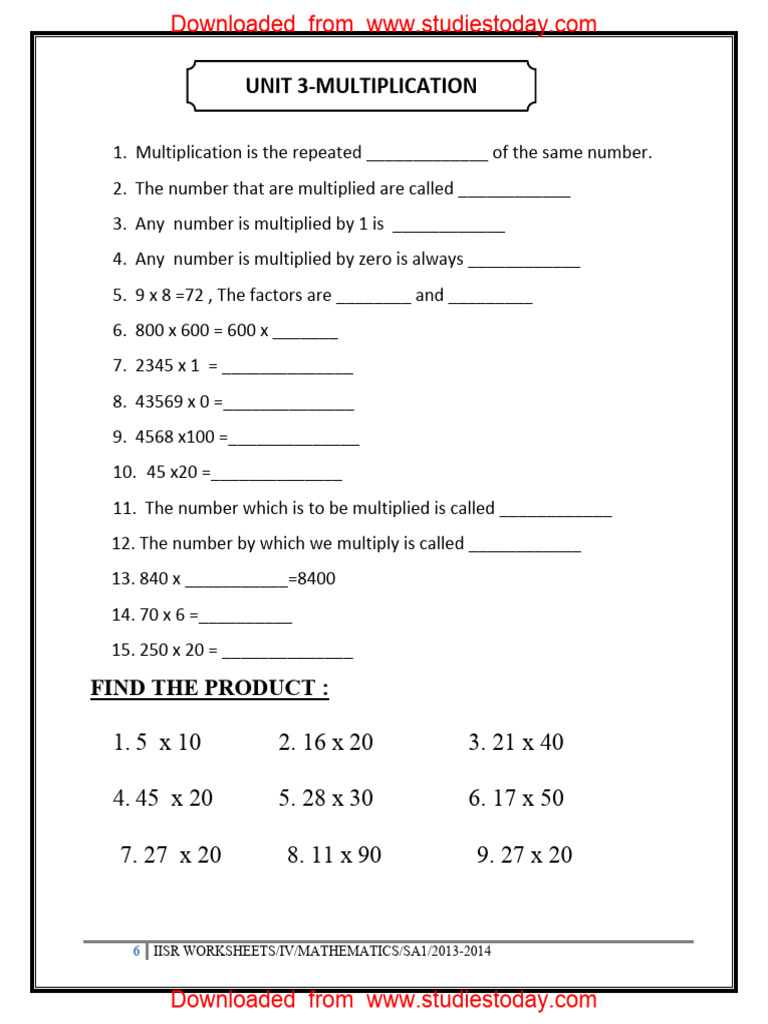 CBSE Class 4 Maths Revision Worksheet 126 Multiplication | PDF | Chess ...