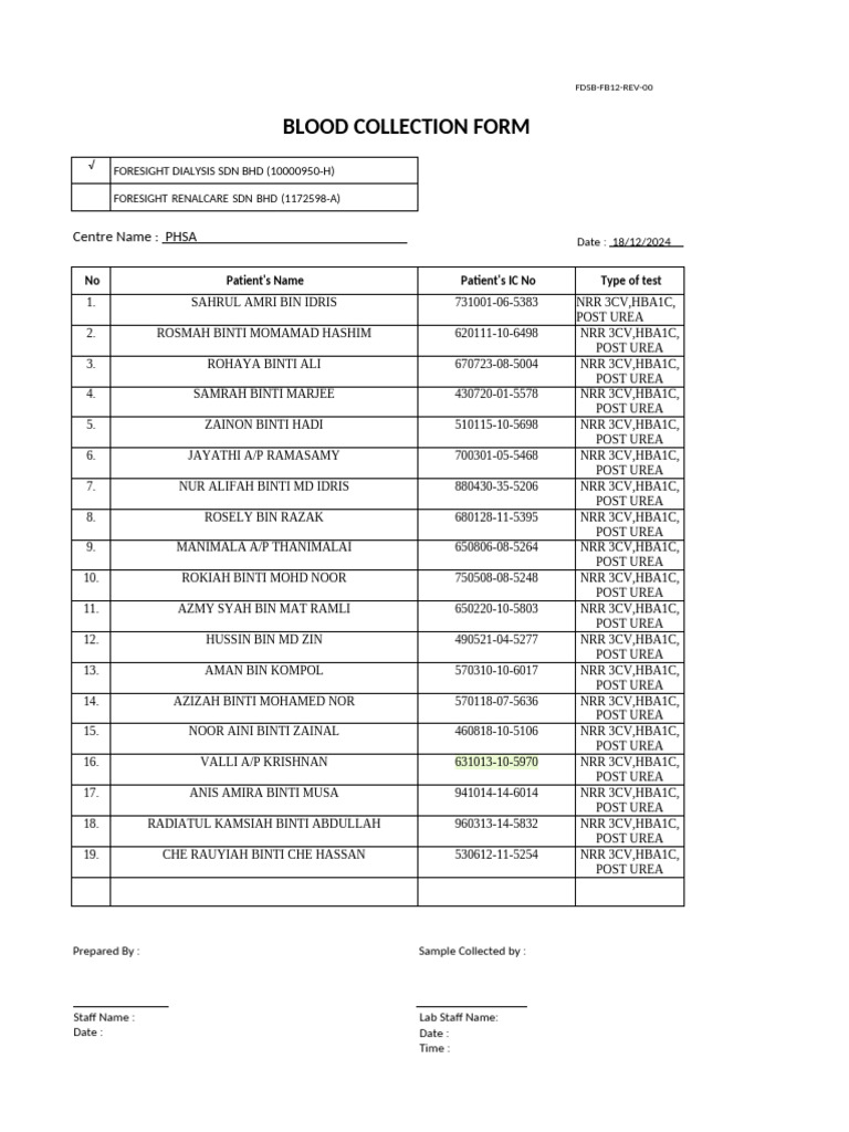 Blood Collection Form December 24 | PDF | Chess Theory | Chess