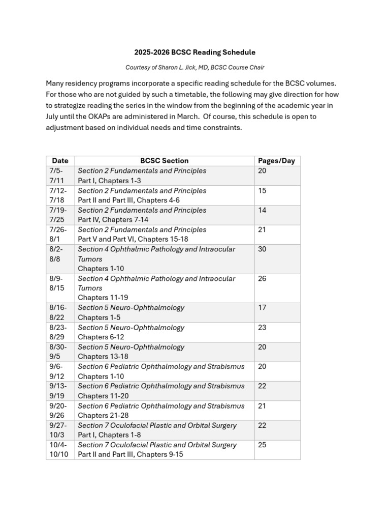 BCSC 2025-2026 Reading Schedule | PDF | Eye | Facial Features