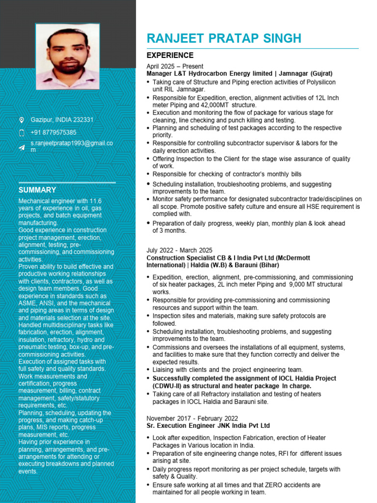 Ranjeet Pratap Singh Resume MECH | PDF