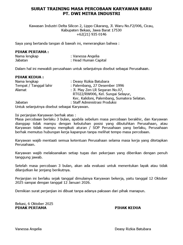 Surat Training Masa Percobaan Karyawan Baru | PDF
