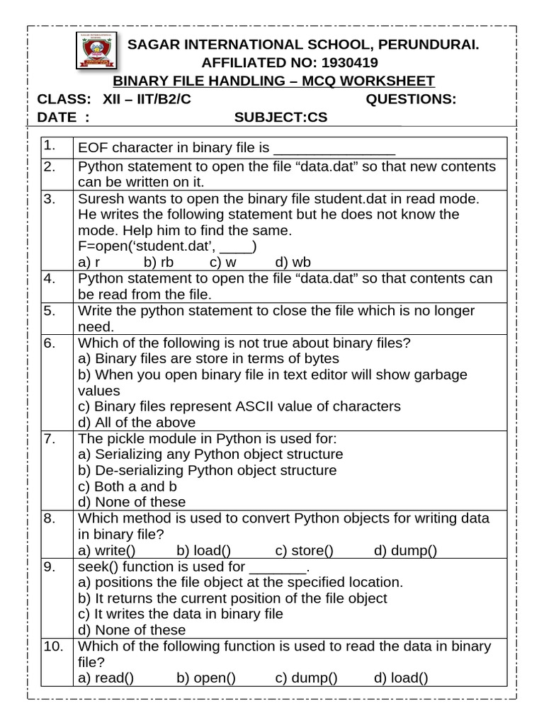 11 Binary File Handling MCQ Worksheet | PDF | Text File | Pointer (Computer Programming)