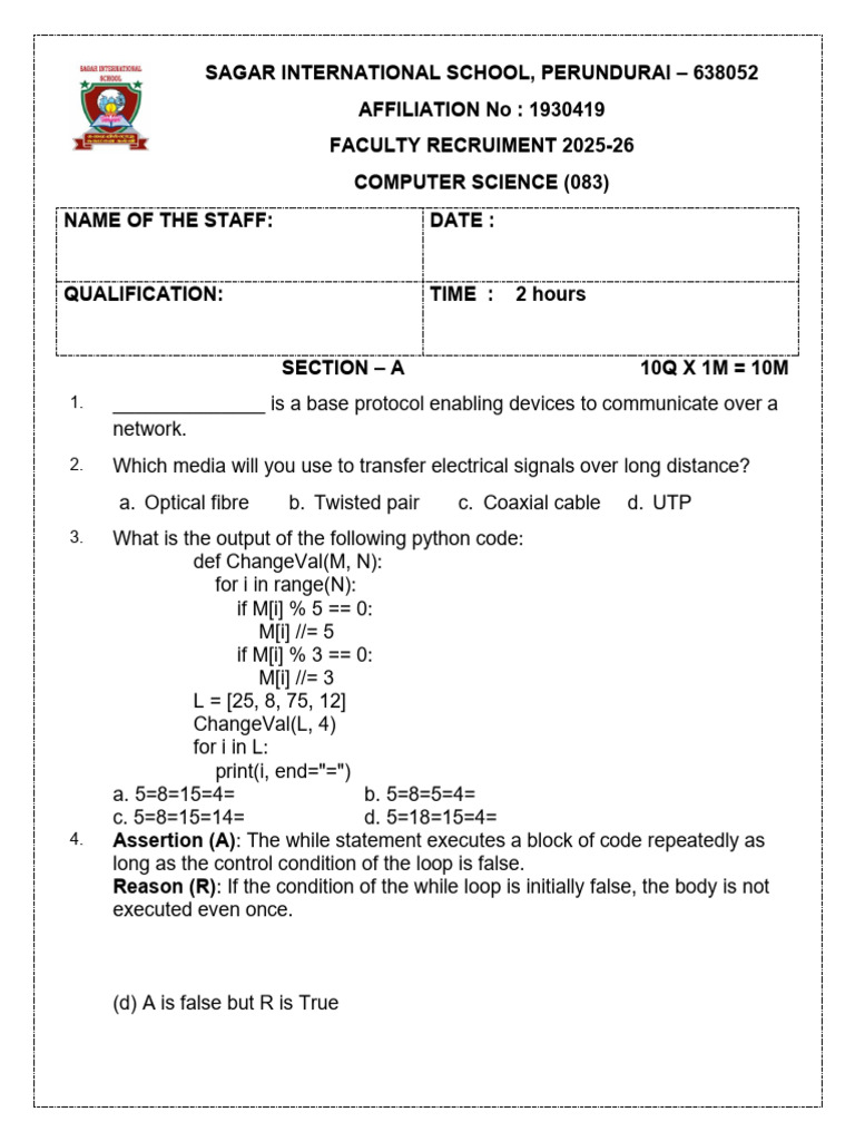 Cs Staff Recruitment QP Set-1 | PDF | Computing | Computer Programming