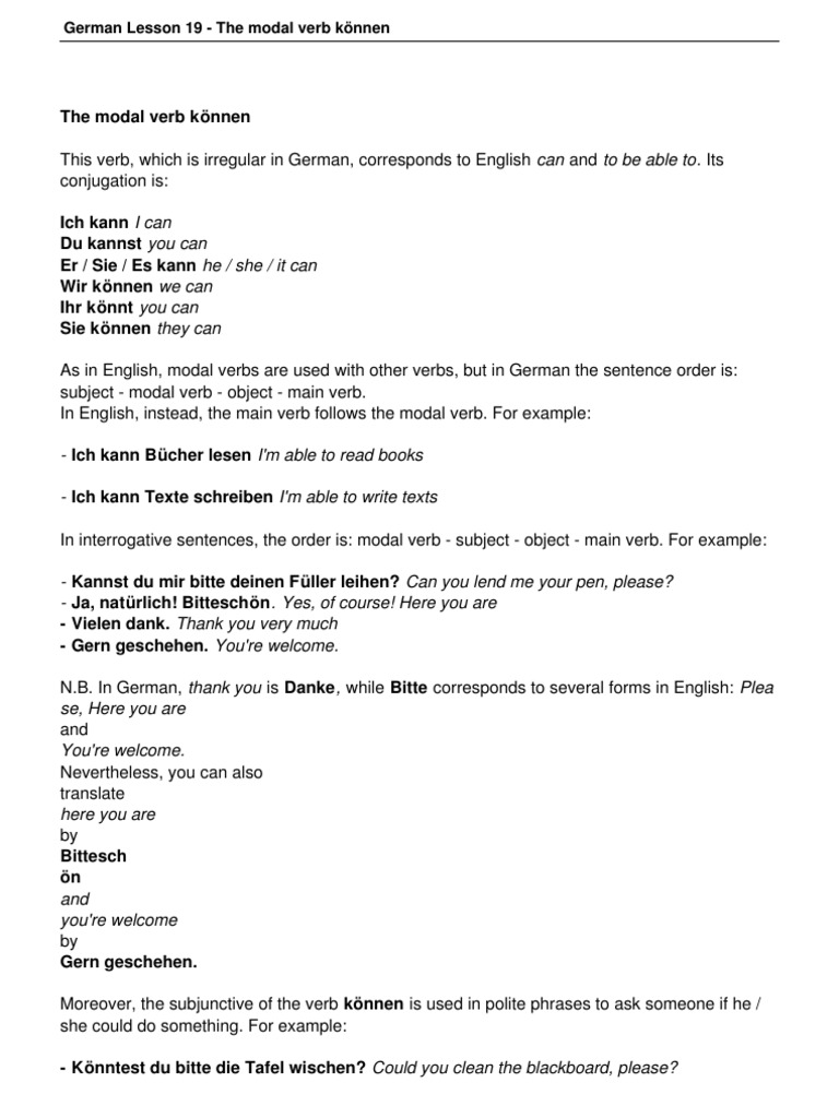 Conjugation and Use of Modal Verb Können | PDF | General Fiction