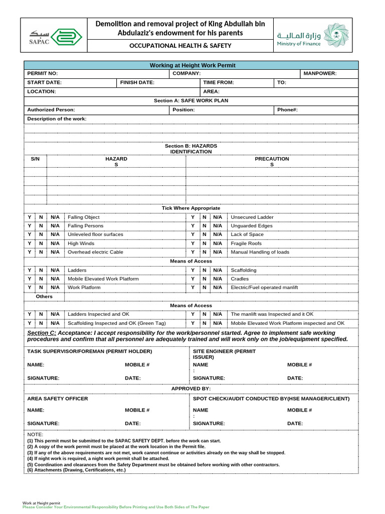 Work at Height Permit | PDF | Safety