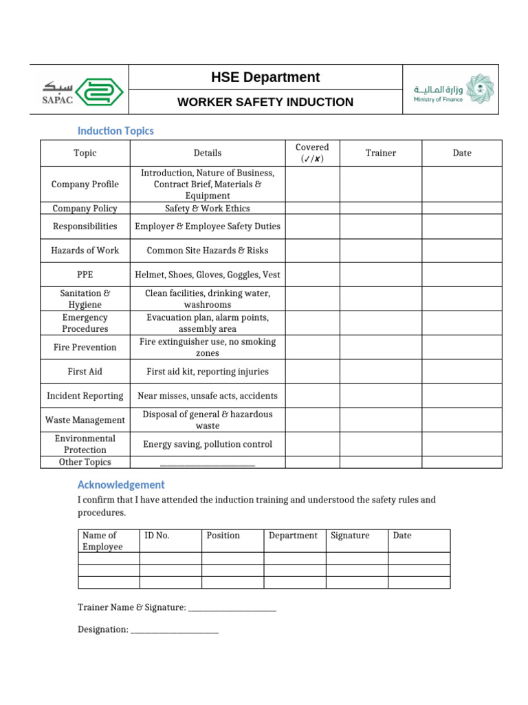 Worker Safety Induction Form | PDF