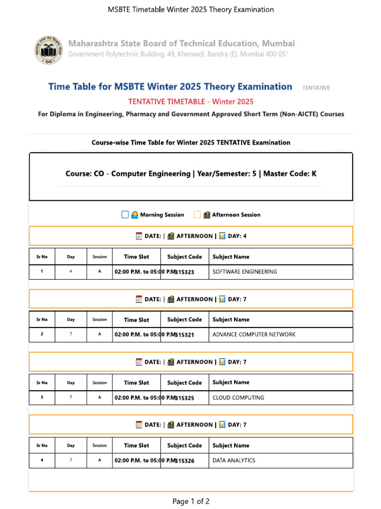 MSBTE Exam Time Table | PDF