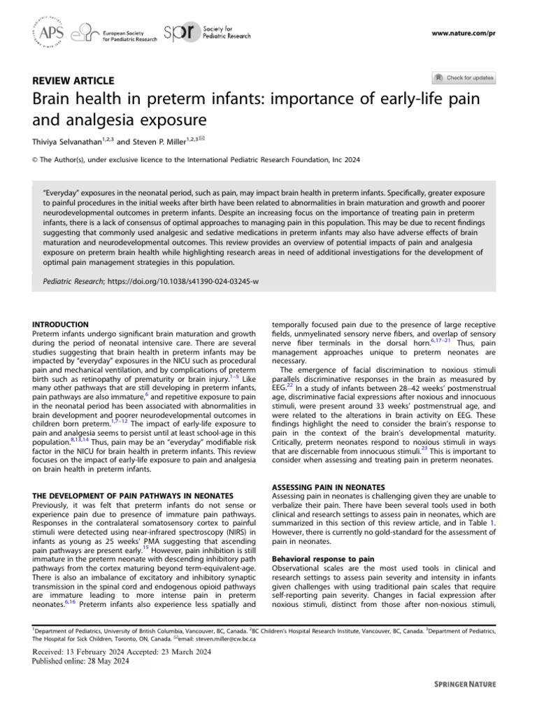 Brain Health in Preterm Infants Importance of Early-life Pain and ...