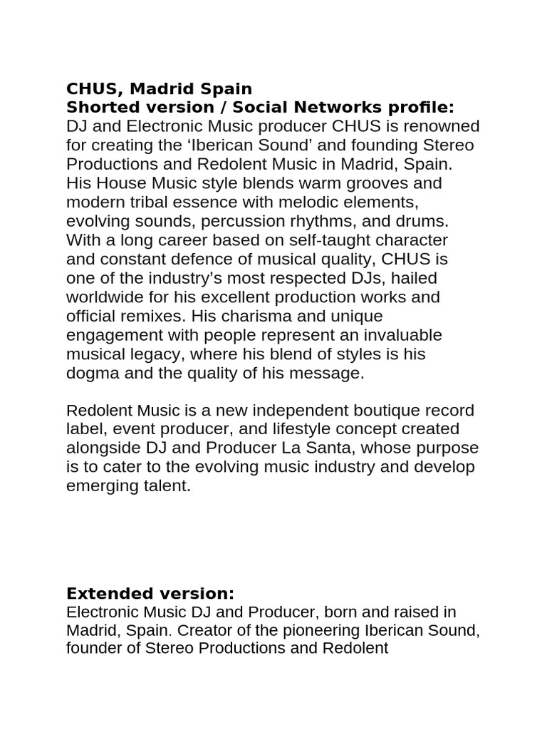 CHUS Artist Profile (Updated 2024) | PDF | Disc Jockey | African ...