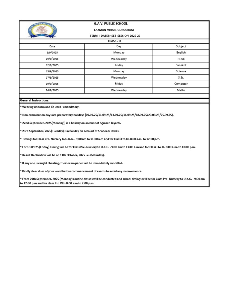 Datesheet of Class IX | PDF