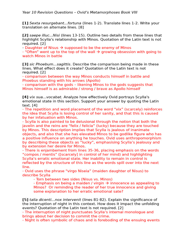 2024 Year 10 Revision Questions - Metamorphoses VIII + Answers | PDF