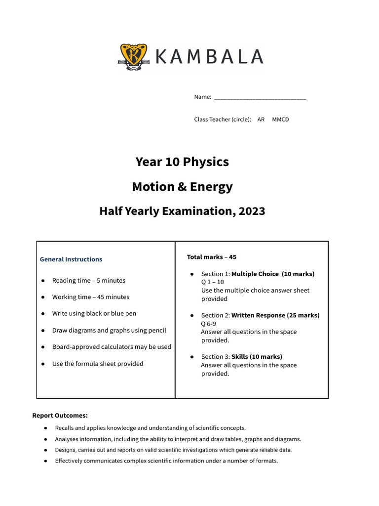 10physics Half Yearly 2023 | PDF | Force | Multiple Choice
