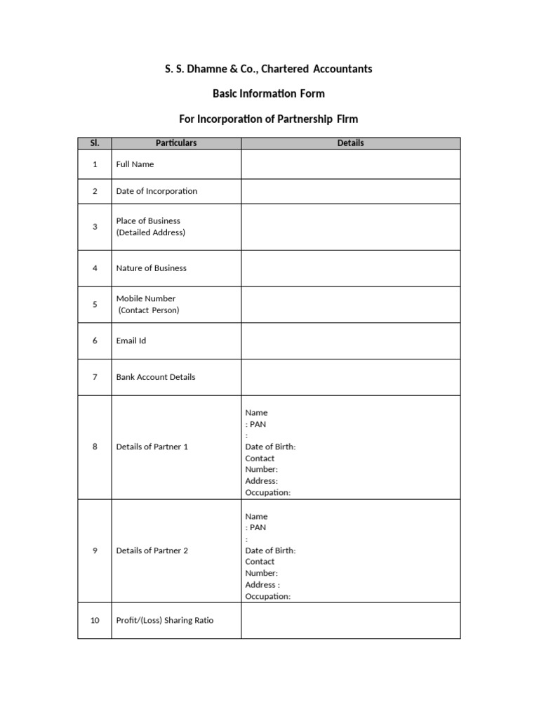 Basic Information Form - Partnership Firm | PDF