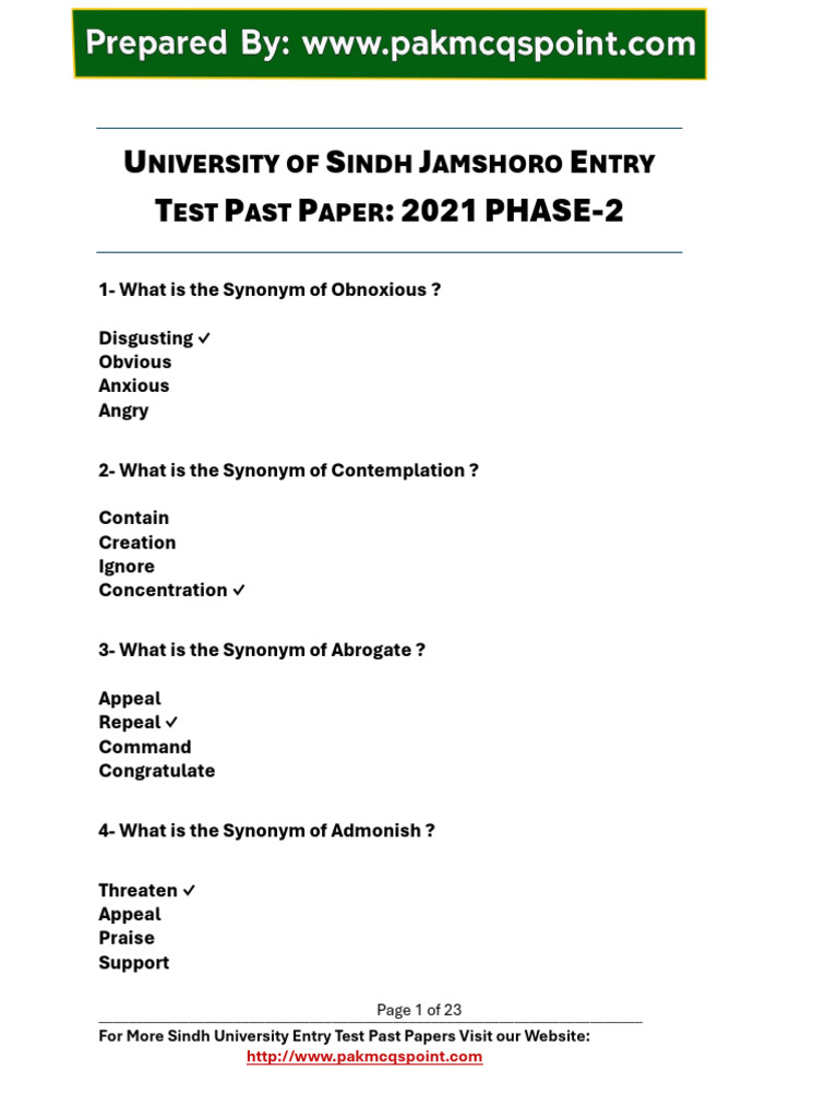 Sindh University Entry Test Past Paper 2021 Phase 2 | PDF