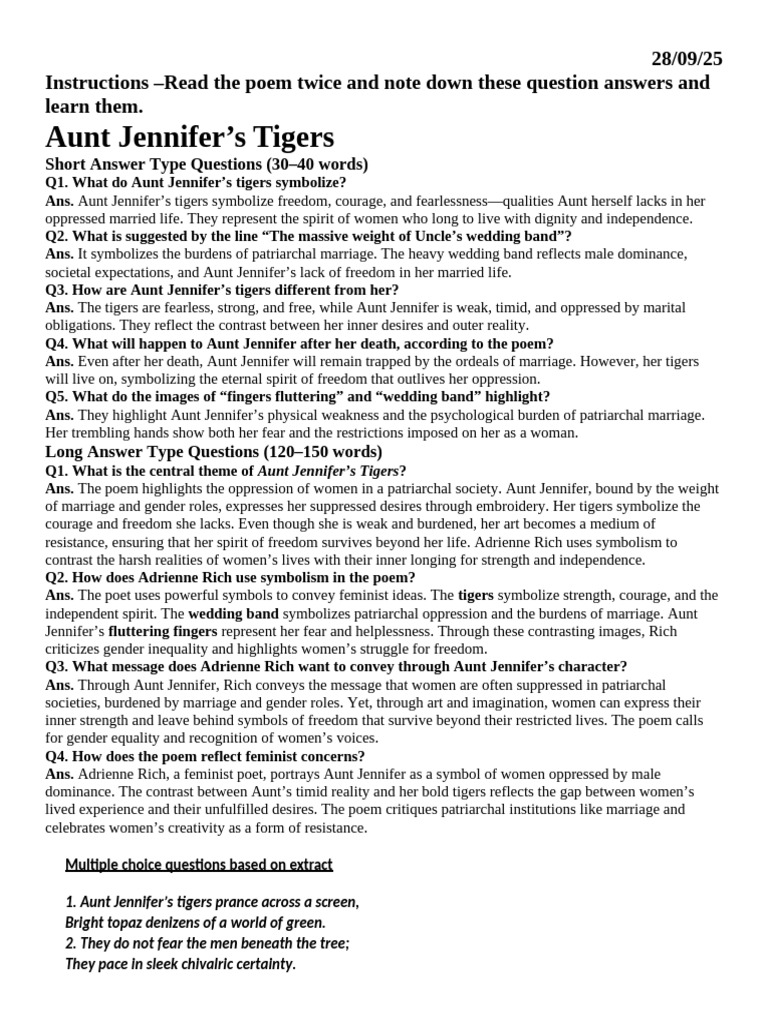 CBQ - Aunt Jennifer's Tigers 28-09-25 | PDF | Patriarchy | Marriage
