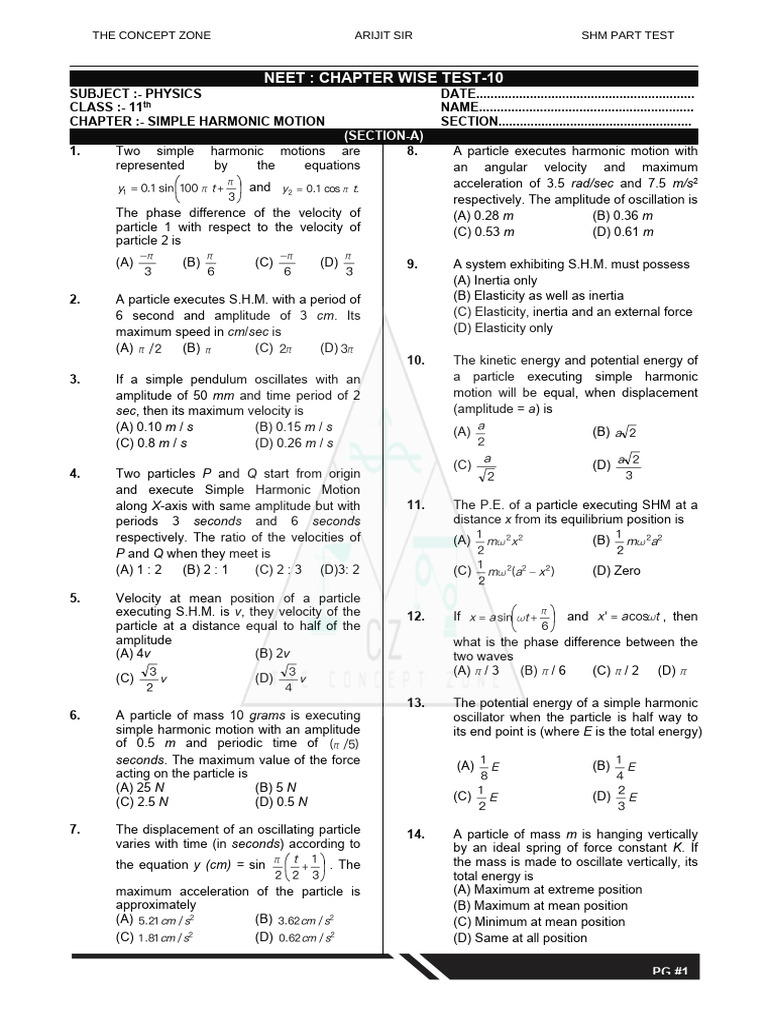 1 - Simple Harmonic Motion Question | PDF | Oscillation | Pendulum