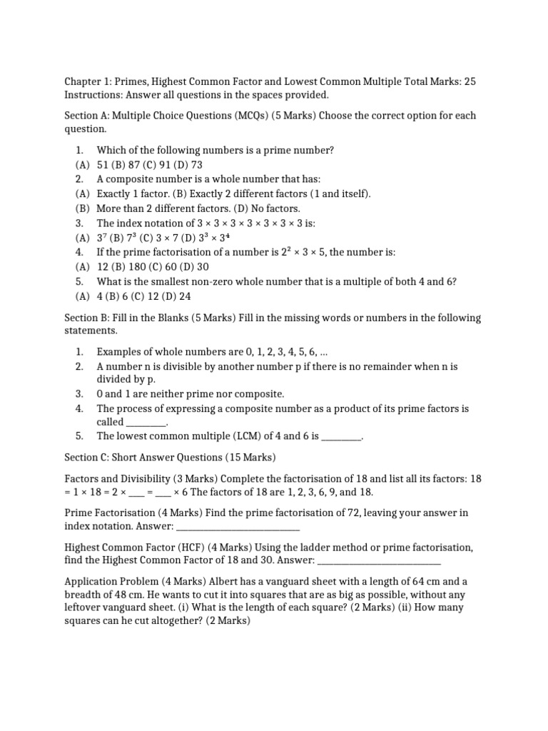 Chapter 1 Primes HCF LCM Test | PDF