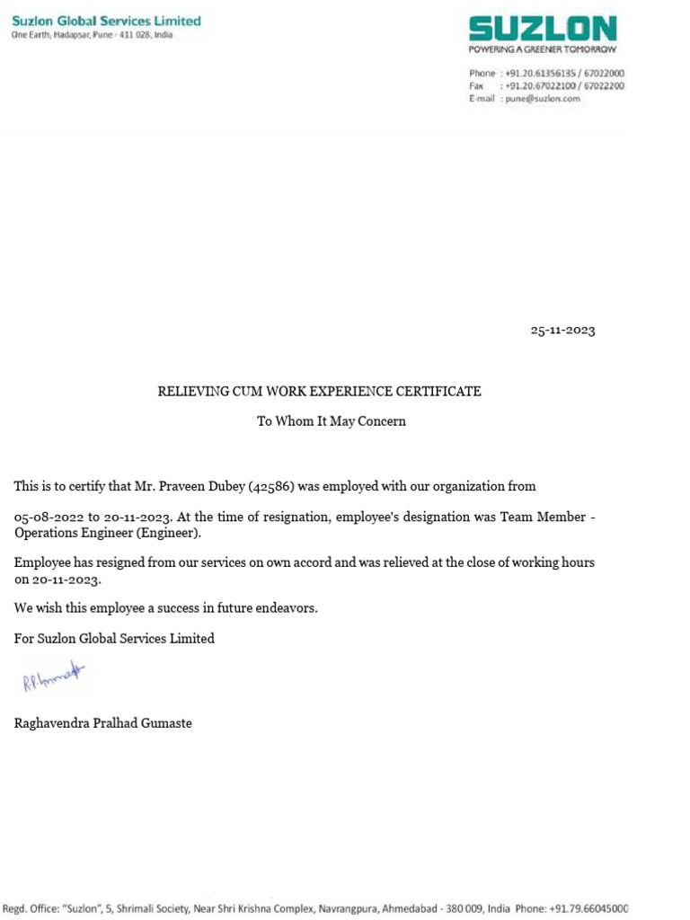 Relieving Cum Work Experience Certificate | PDF