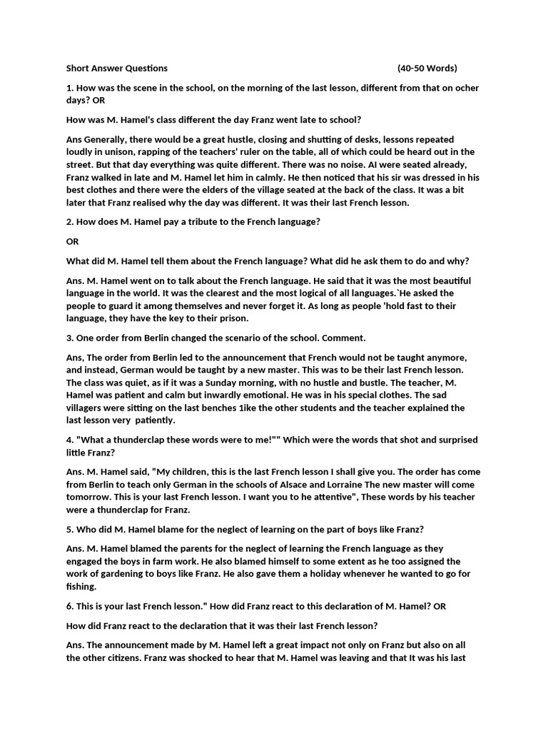 Last French Lesson: M. Hamel's Farewell | PDF | Classroom