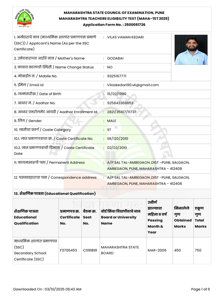 TET Application Form | PDF