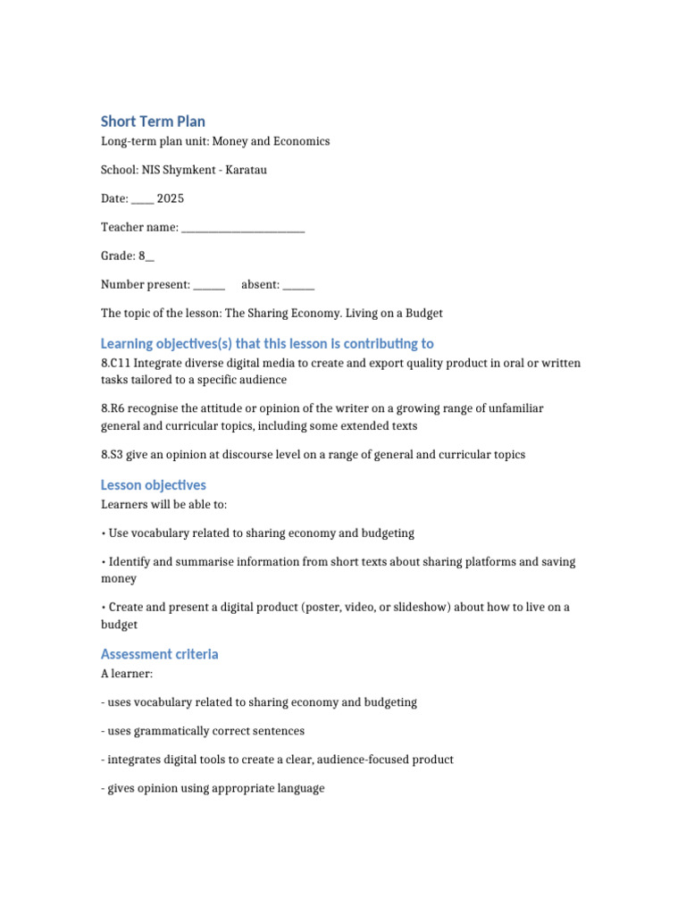 Lesson Plan - The Sharing Economy - Living On A Budget | PDF ...