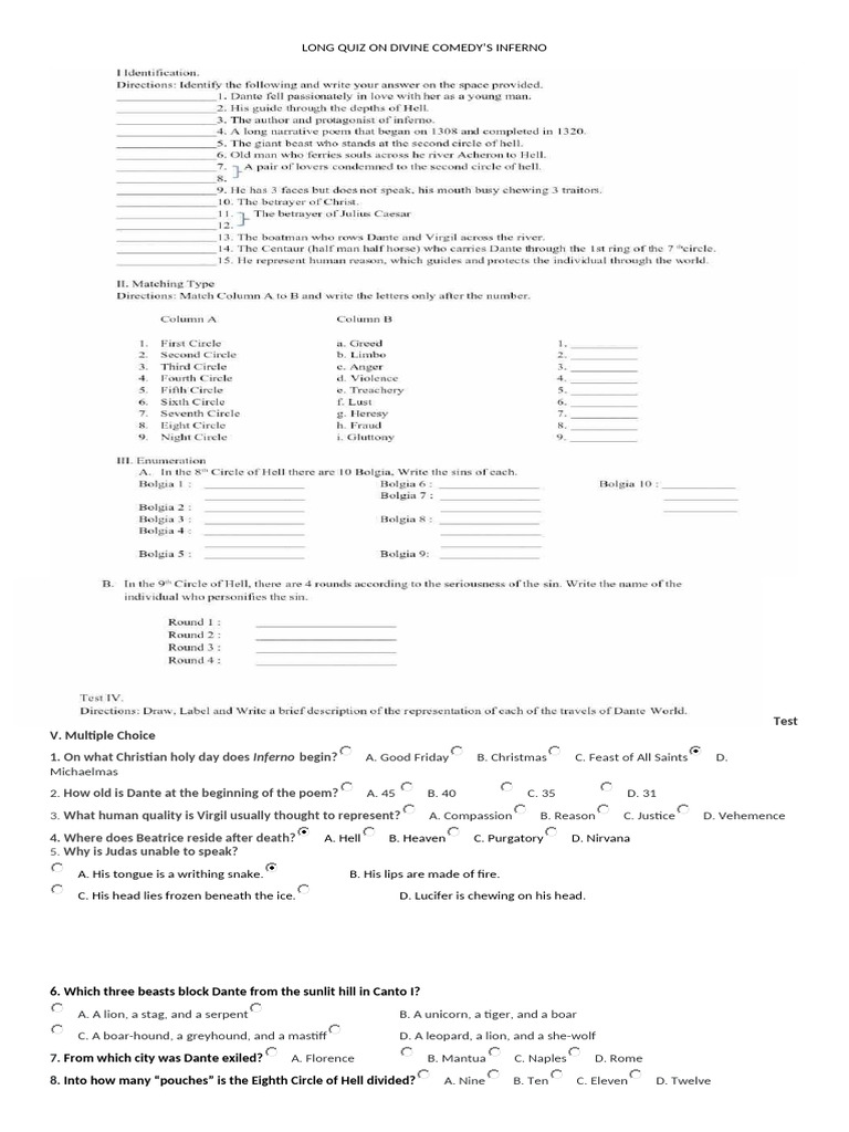 Divine Comedy Long Quiz | PDF | Inferno (Dante) | Divine Comedy