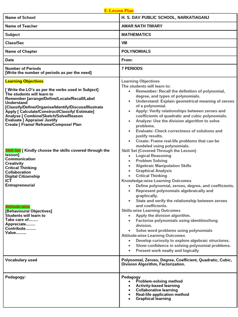 E-Lesson Plan: Polynomials for Class VIII | PDF | Polynomial ...